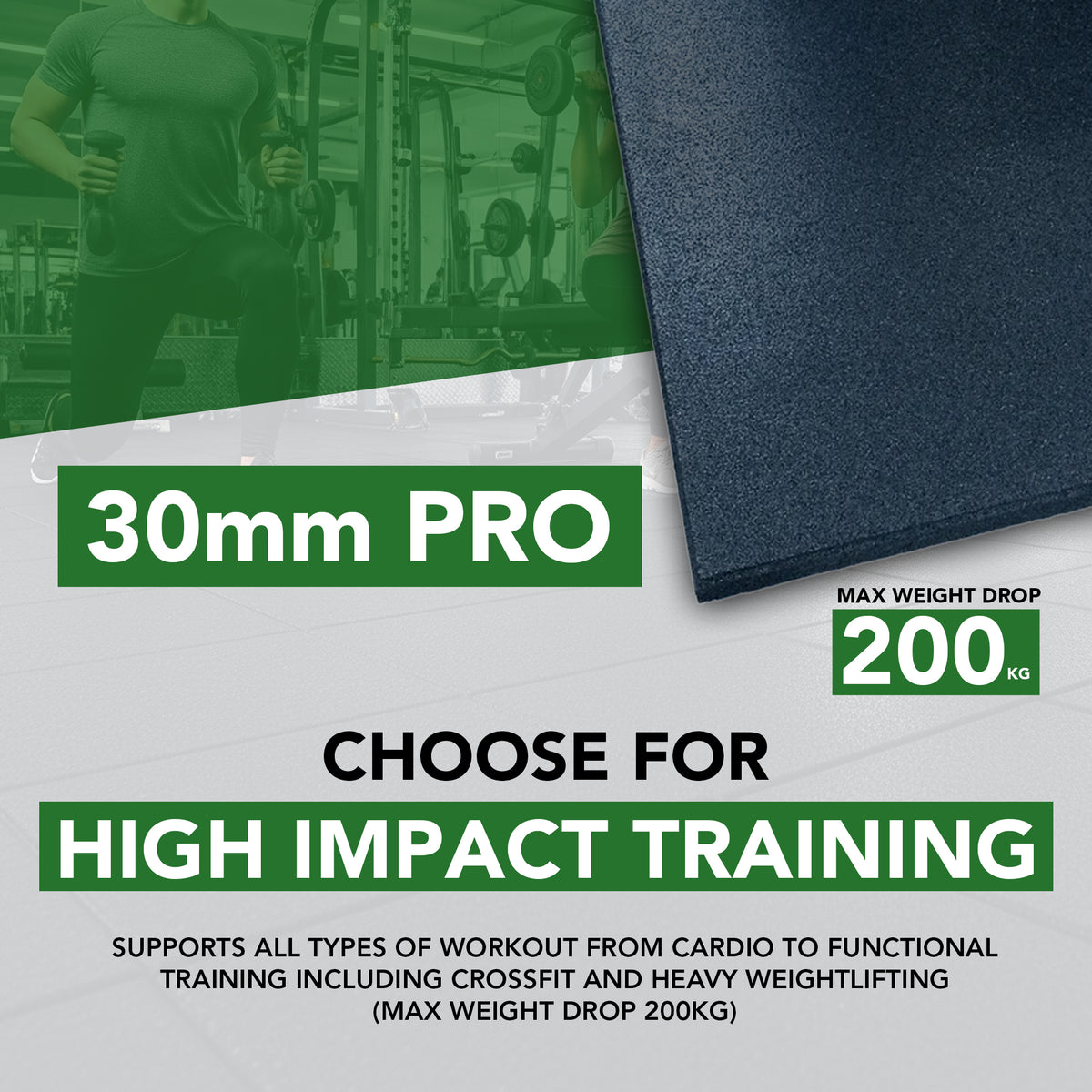 30mm Sprung PRO Anti-Shock Rubber PRO Gym Floor Tile